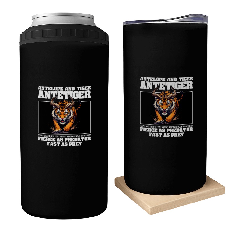 Black 14 oz FIERCE AS PREDATOR, FAST AS PREY - ANTELOPE TIGER Can Coolers