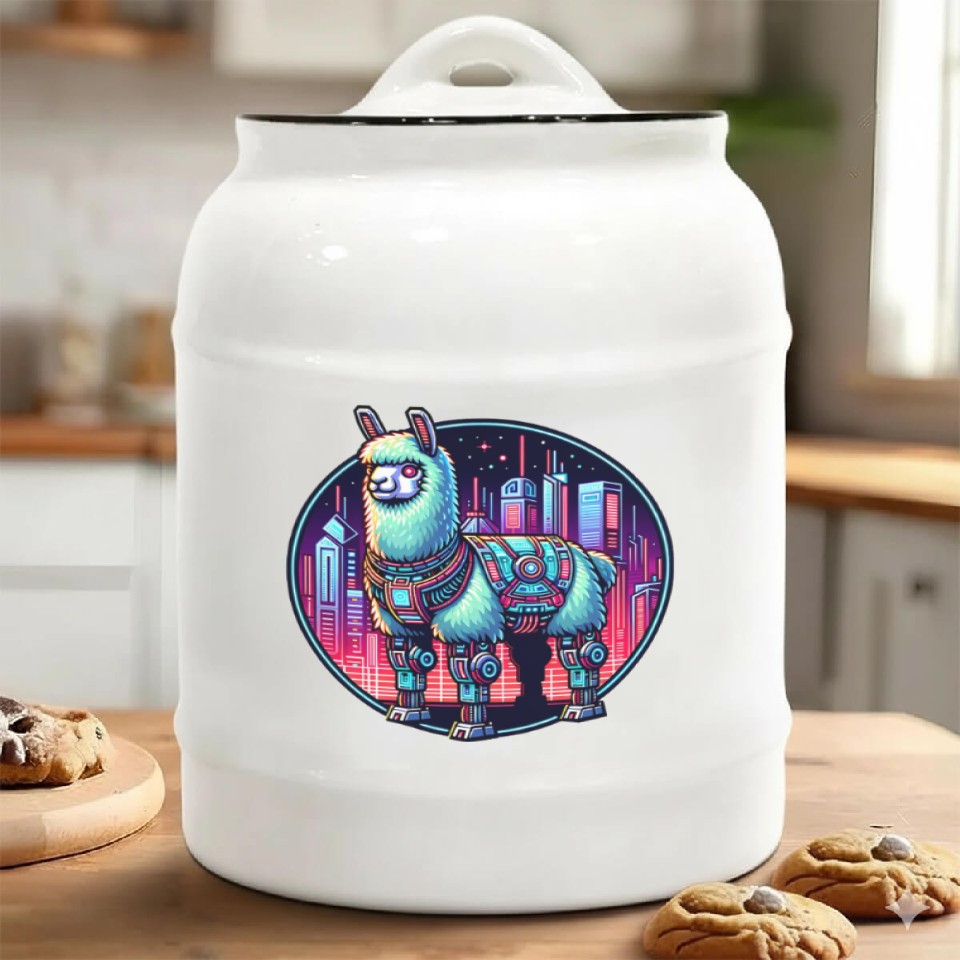 Futuristic Cyberpunk Llama in Neon Cityscape Ceramic Cookie Jars | ID ...