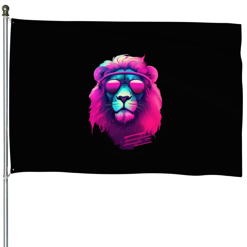 Synthwave Sun King Lion s Neon Shades House Flags | ID 61049537 by ...