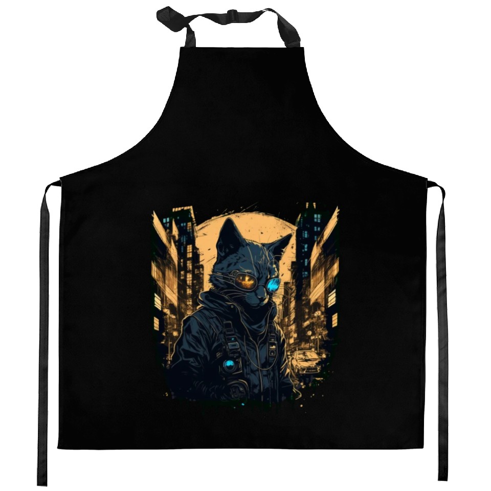 Cyberpunk cat in the city Kitchen Aprons | ID 65549201 by Camila ...