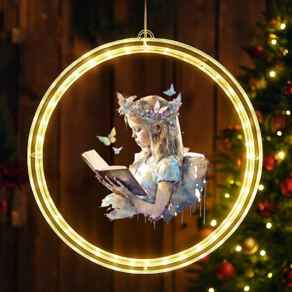 Cute Fairy Girl Librarian Cottagecore Butterfly Bo LED Christmas Window ...