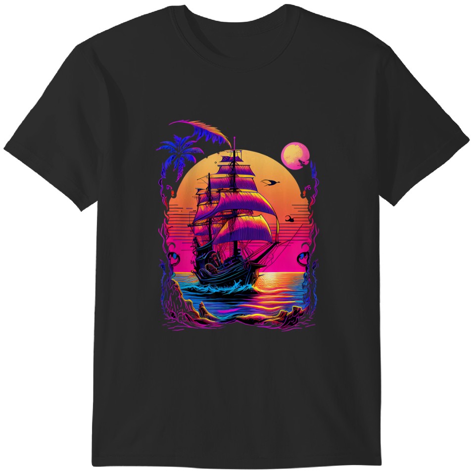 Synthwave retrowave pirate ship colorful graphic t T-Shirts | ID ...