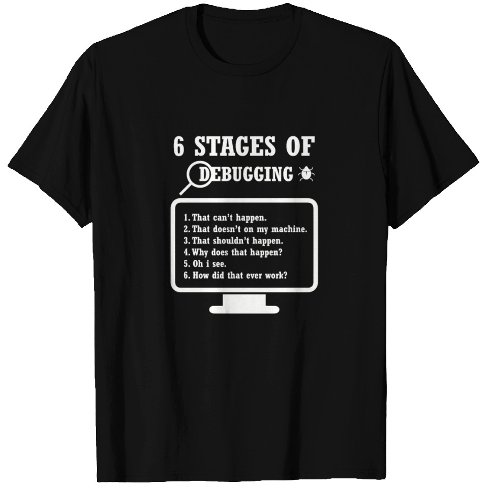6 Stages of Debugging Coding Programmer print T-shirt | ID 10453945 by ...