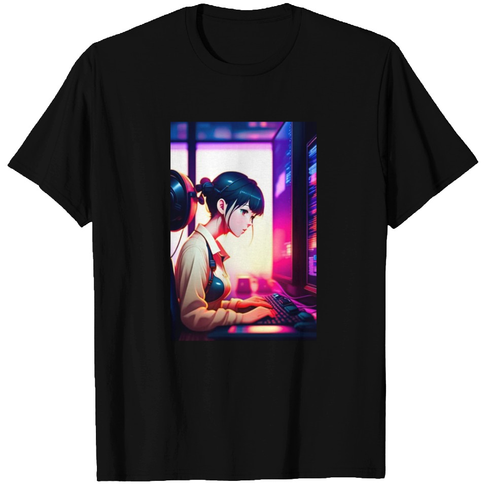 Anime girl is programming at a computer in a room T Shirts | ID ...